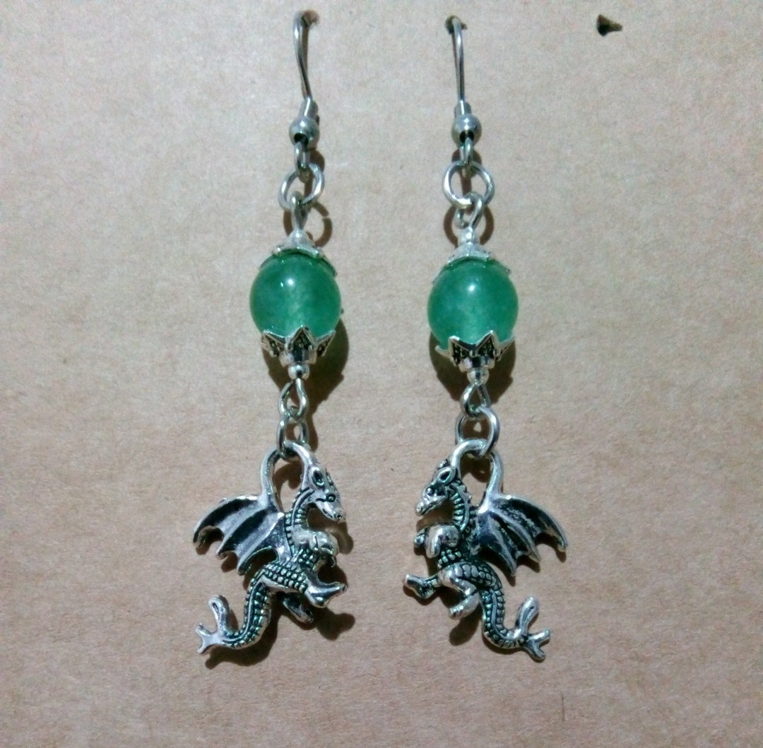 Silver Dragon Earrings with Green Jade Gemstones and closures - Etsy España