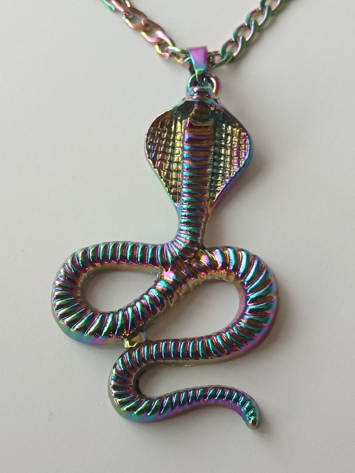 Rainbow Cobra Necklace on Rainbow Steel Chain or Black Leather Thong ...