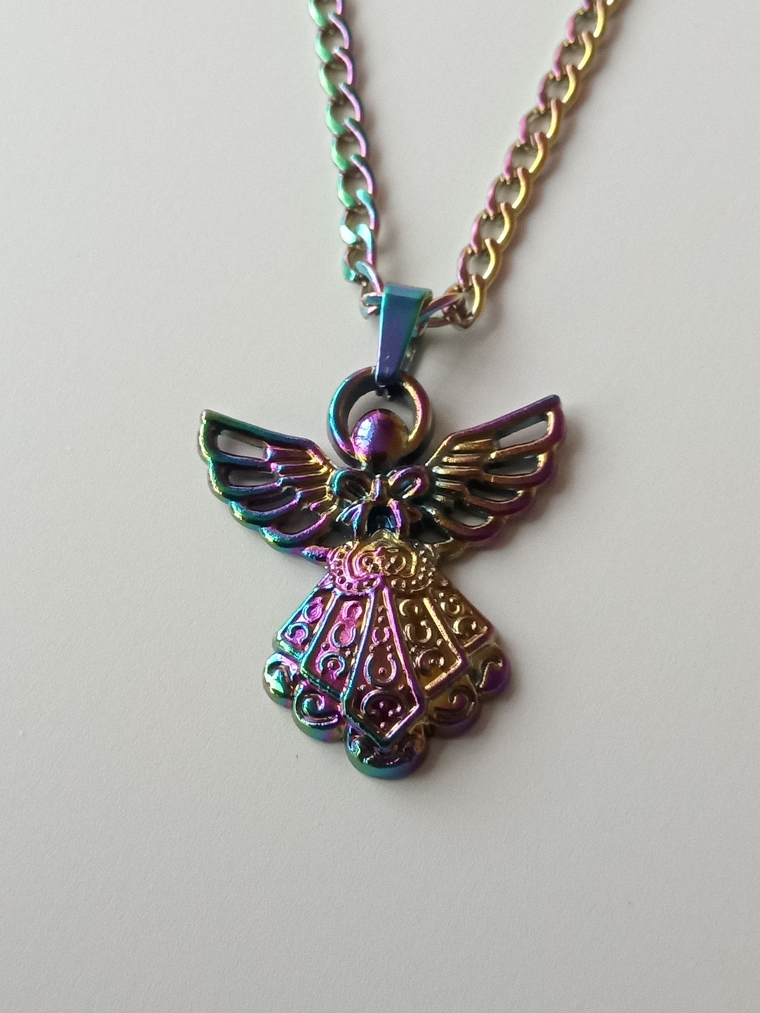 Rainbow Angel Necklace on Rainbow Steel Chain or Black Leather Thong ...