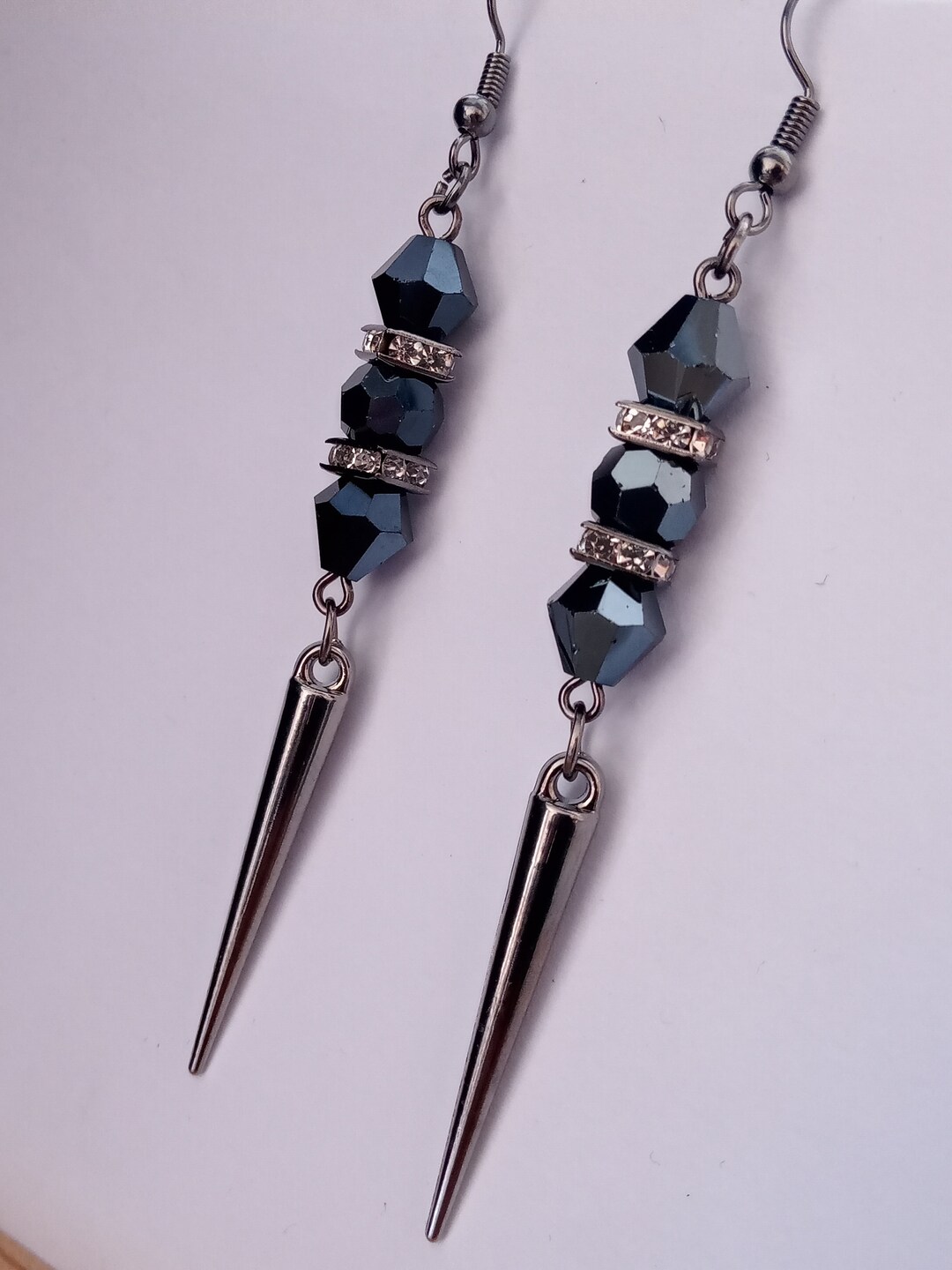 Ink Blue Crystals & Spike Cone Wedding Earrings Finished in Gunmetal ...