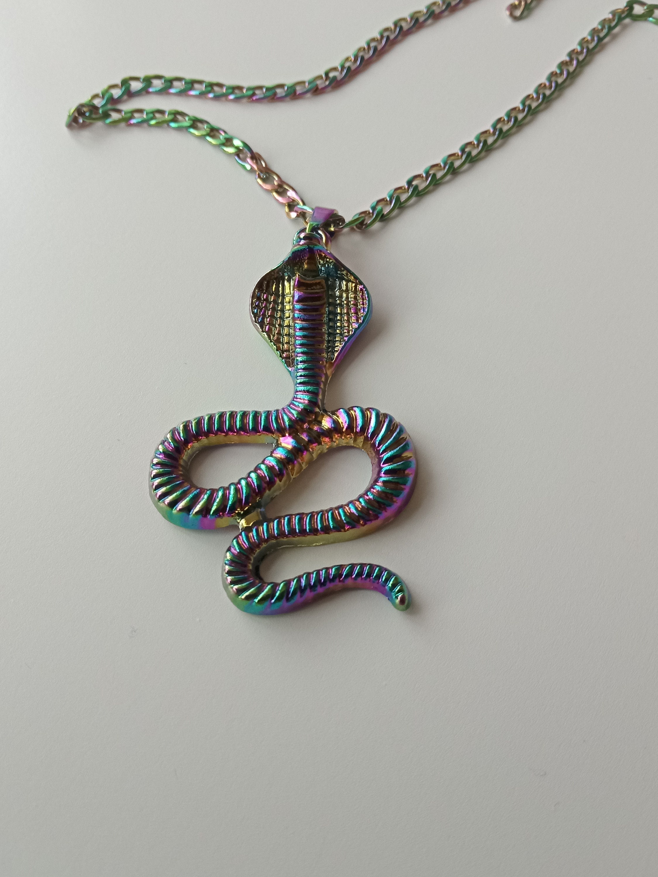Rainbow Cobra Necklace on Rainbow Steel Chain or Black Leather Thong ...