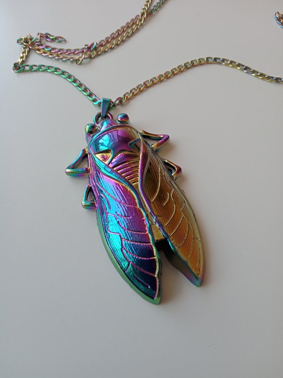 Large Rainbow Cicada Necklace on Rainbow Steel Chain or Black - Etsy UK