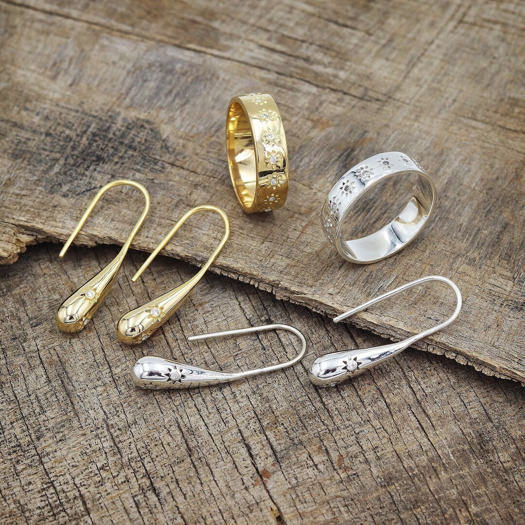 Tear Drop Earrings, Band Ring, Silver Ring Earrings Set, Sprinkler ...