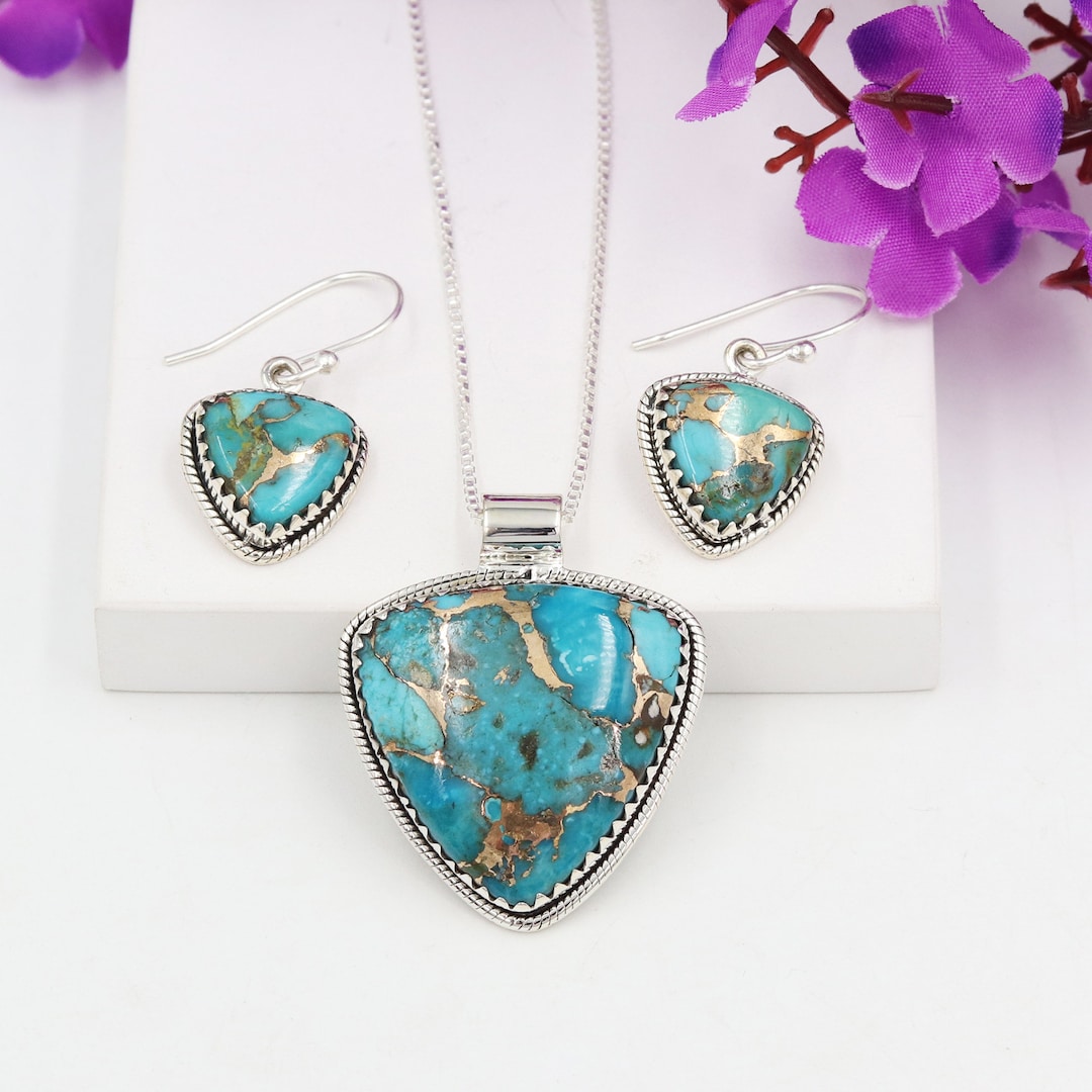 Turquoise Pendant Necklace Earring Set, Sterling Silver Necklace Set ...
