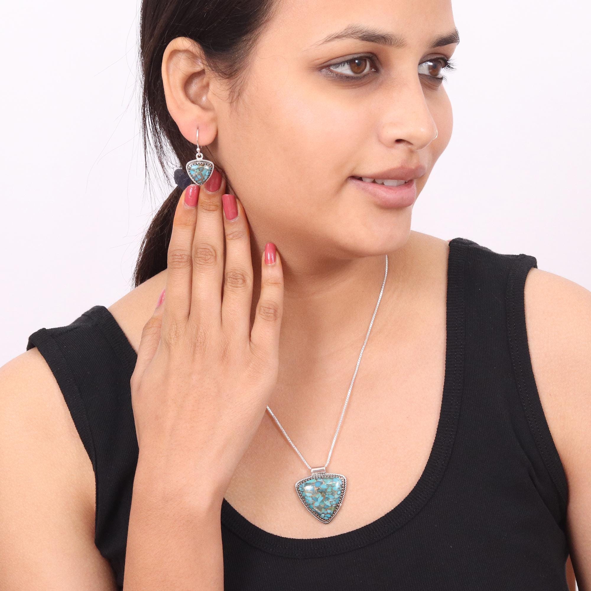 Turquoise Pendant Necklace and Earring Set, Sterling Silver Necklace ...