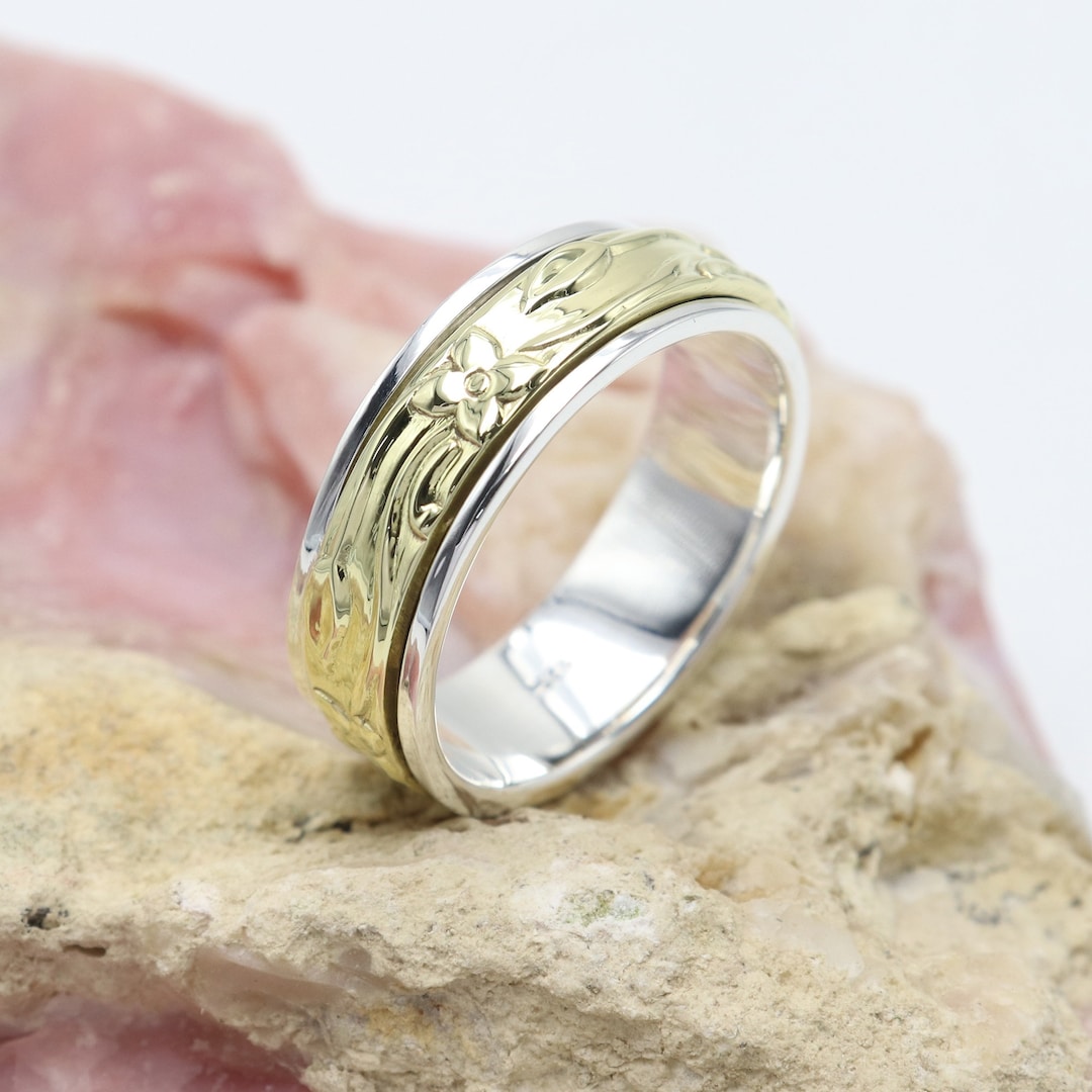 Anxiety Ring, Meditation Ring, Two Metal Ring, Silver Brass Spinner ...