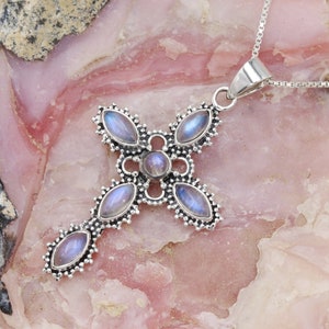Moonstone Cross Pendant Necklace, Oxidized Sterling Silver Pendant ...