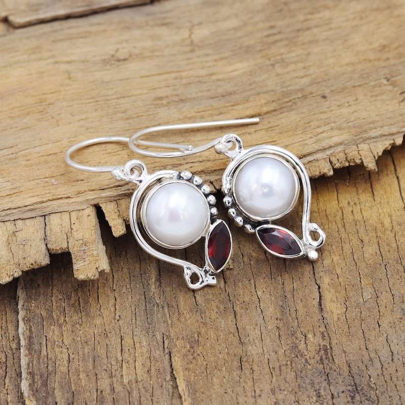 Pearl Earrings, 925 Sterling Silver Earrings, Garnet Earrings, Handmade ...