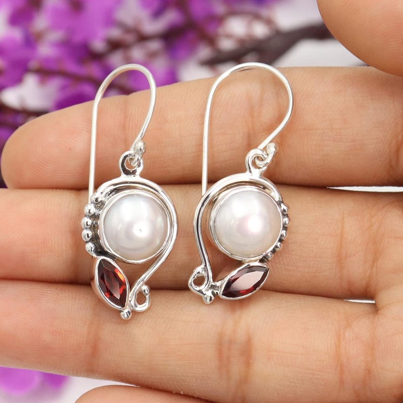 Pearl Earrings, 925 Sterling Silver Earrings, Garnet Earrings, Handmade ...