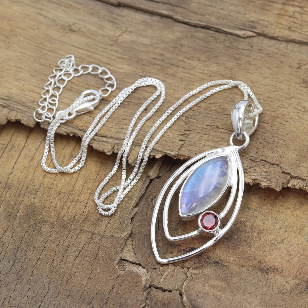 Moonstone Garnet Sterling Silver Pendant Necklace, Handmade Jewelry - Etsy