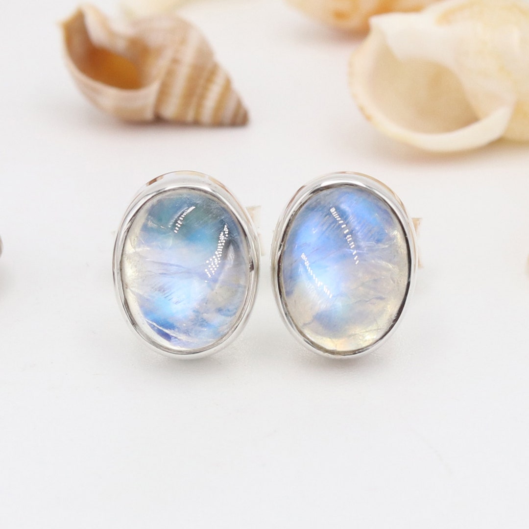 Moonstone Stud Earrings, 925 Sterling Silver, 18K Gold Plated, Oval ...