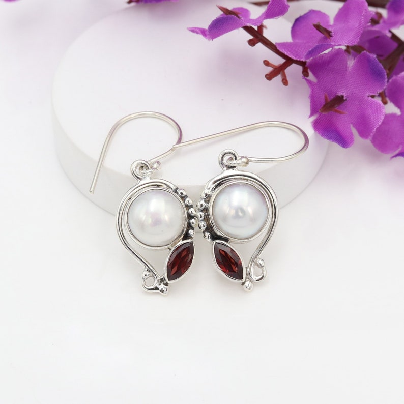 Pearl Earrings, 925 Sterling Silver Earrings, Garnet Earrings, Handmade ...