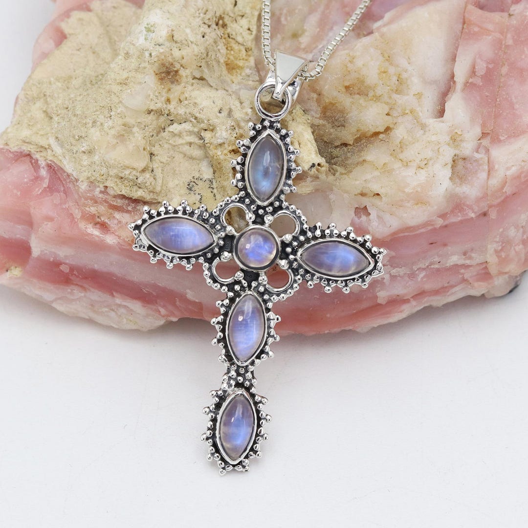 Moonstone Cross Pendant Necklace, Oxidized Sterling Silver Pendant ...