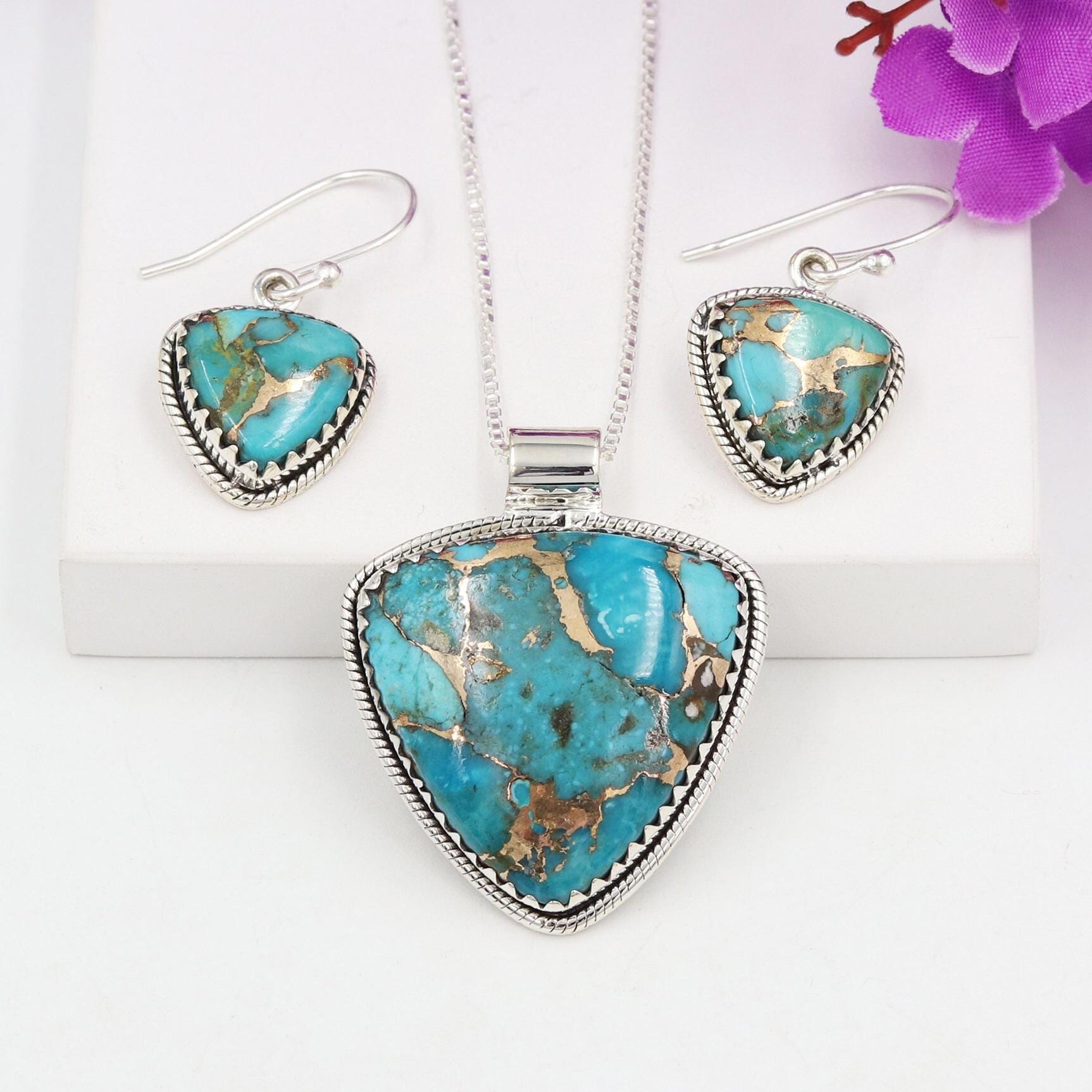 Turquoise Pendant Necklace and Earring Set, Sterling Silver Necklace ...