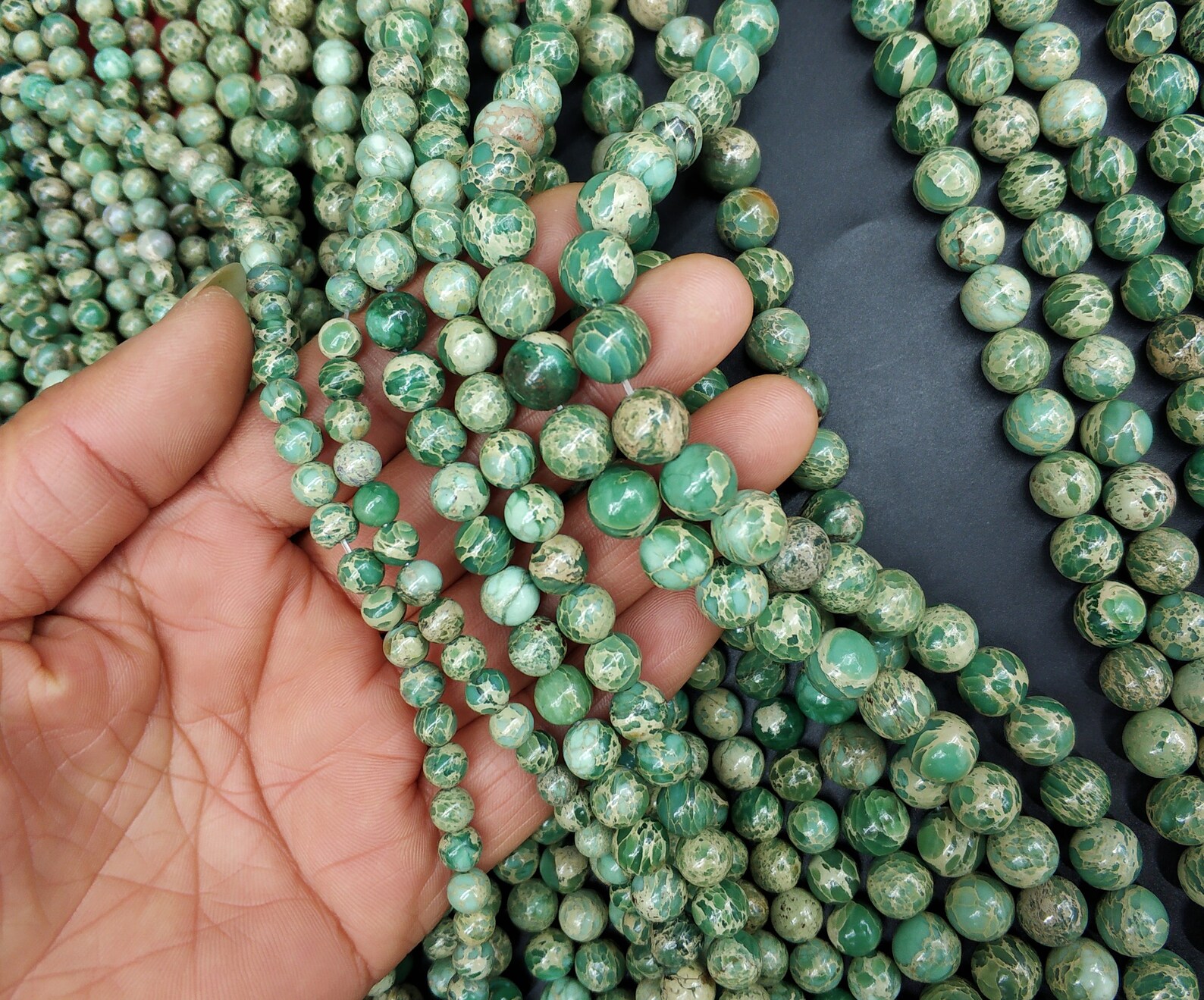 Natural Snake Skin Stone 6,8,10mm Round Beads- Beige Green Impression ...
