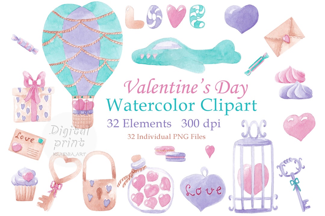 Watercolor Valentine's Day Clipart Pastel Balloons - Etsy