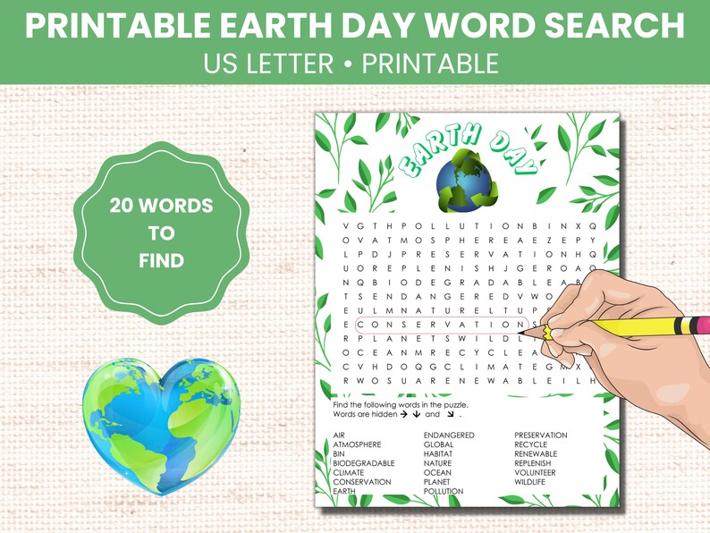 Printable Earth Day Word Search Earth Day Activity - Etsy
