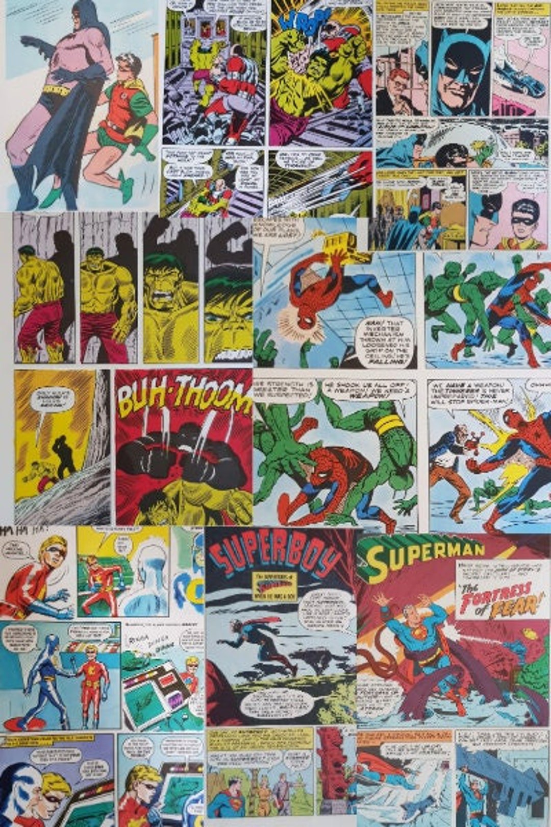 Vintage Spiderman Batman Superman Hulk Book Pages Decoupage Collage ...