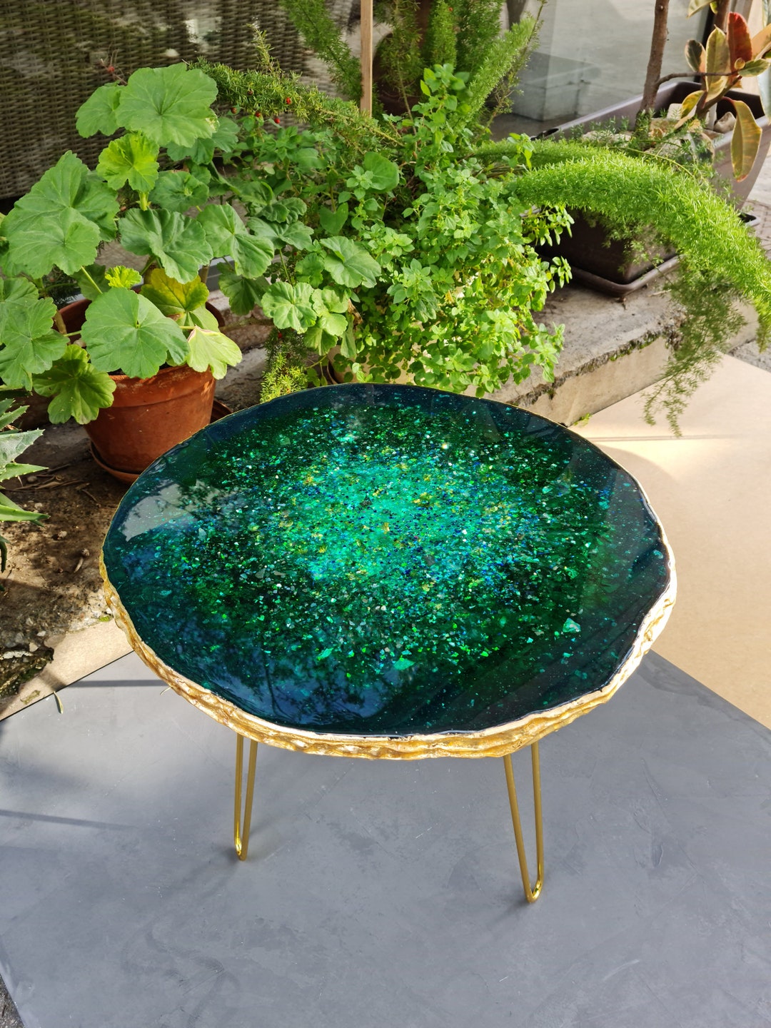 Green Emerald Epoxy Table, Resin Coffee Table, Irregular Live Edges ...