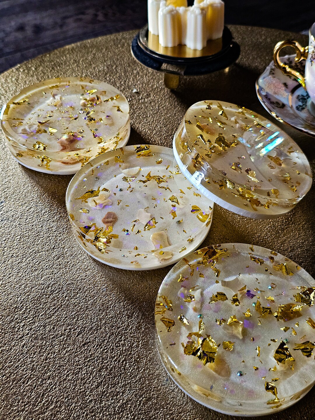 White Resin Coasters , Set of 4 Tea Coasters , 10 Cm Diameter Coasters ...