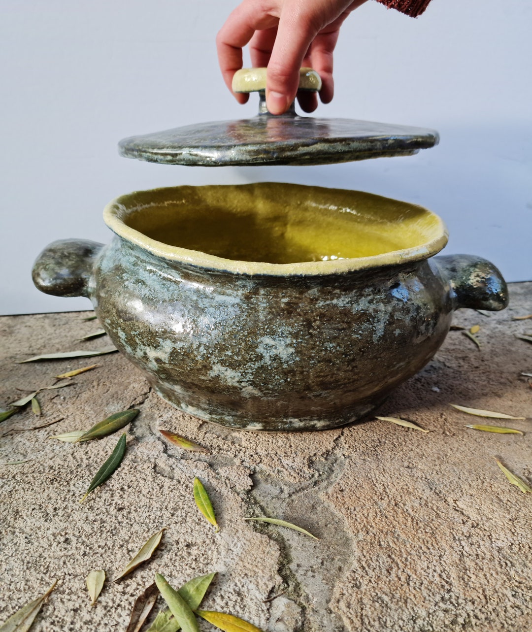 Ceramic Pot With Lid, Food Pottery Forest Green Bowl, Glazed Clay Pot ...