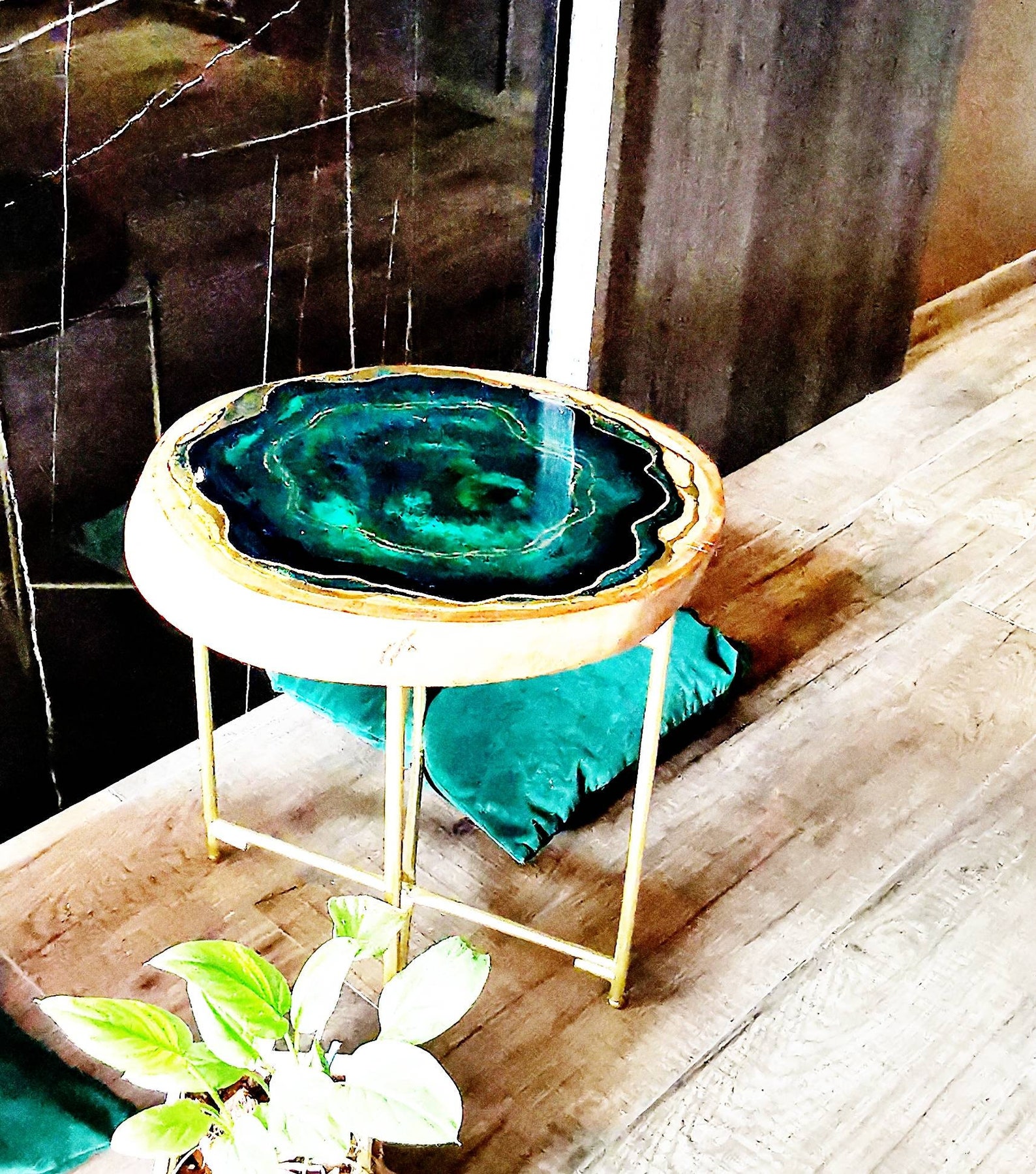 Malachite Resin Geode Side Table: Eucalyptus Wood, Gold Legs - Etsy