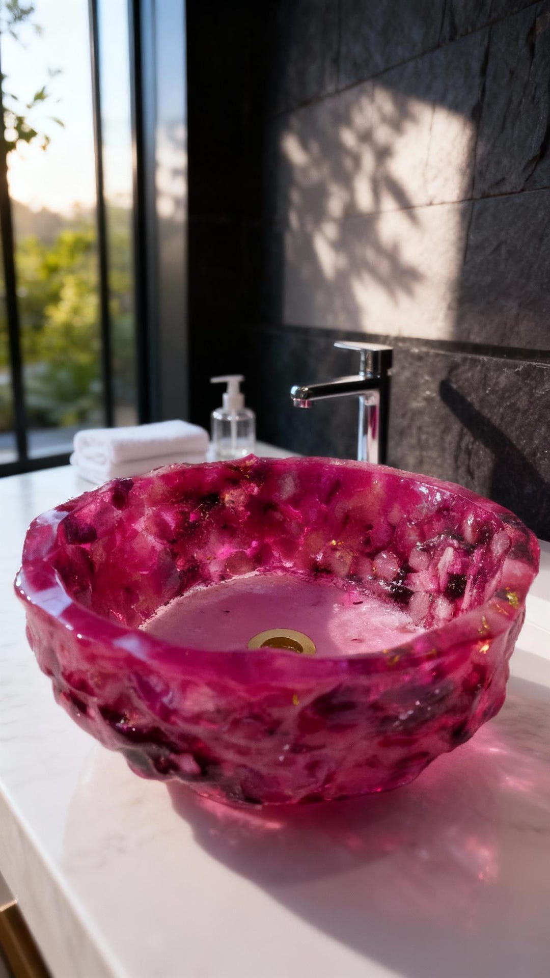 Pink Quartz Resin Sink – Handmade Crystal Vessel Basin, Luxury Gemstone ...