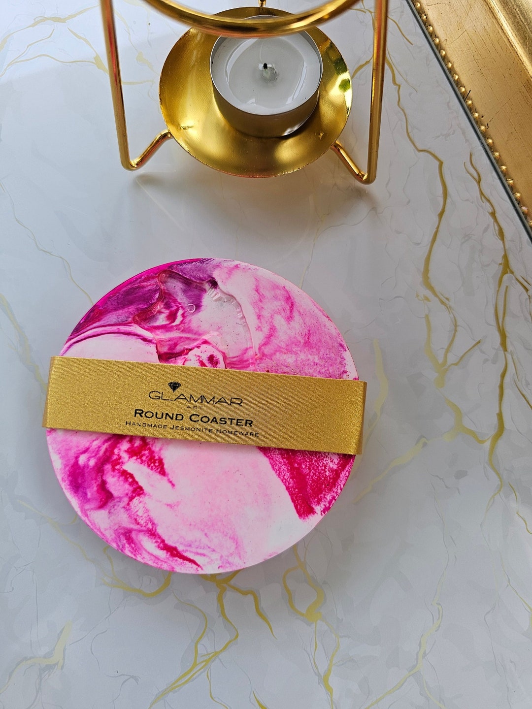 Neon Pink Jesmonite Coaster, Vibrant Magenta Unique Coaster for Drinks ...