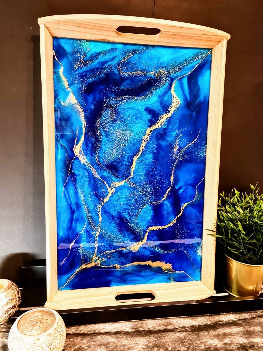 Blue Wooden Tray Coffee Table Tray Custom Serving Resin - Etsy
