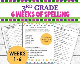 3rd Grade Spelling Worksheets/ 6 Weeks of Spelling Lists/ Spelling ...