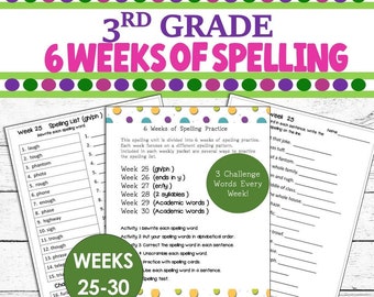 3rd Grade Spelling Worksheets/ 30 Weeks of Spelling Lists/ Spelling ...