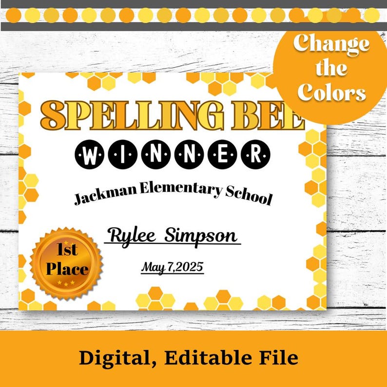 Editable Spelling Bee Award Certificate: Printable Winner Template ...