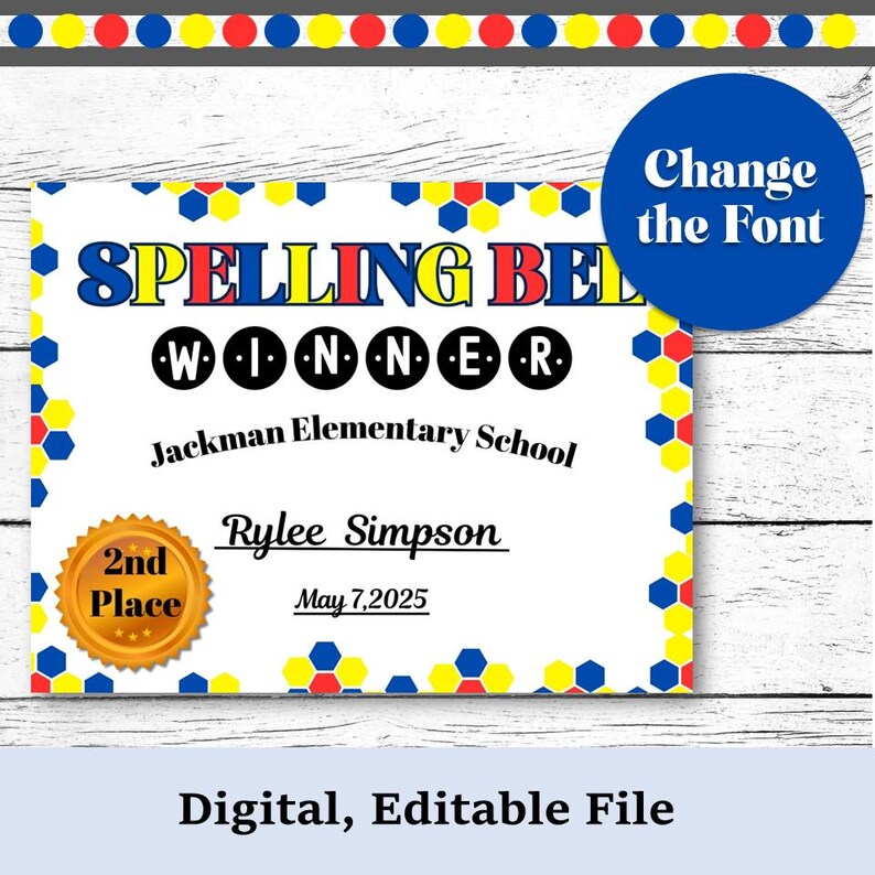 Editable Spelling Bee Award Certificate - Customizable Printable Winner ...