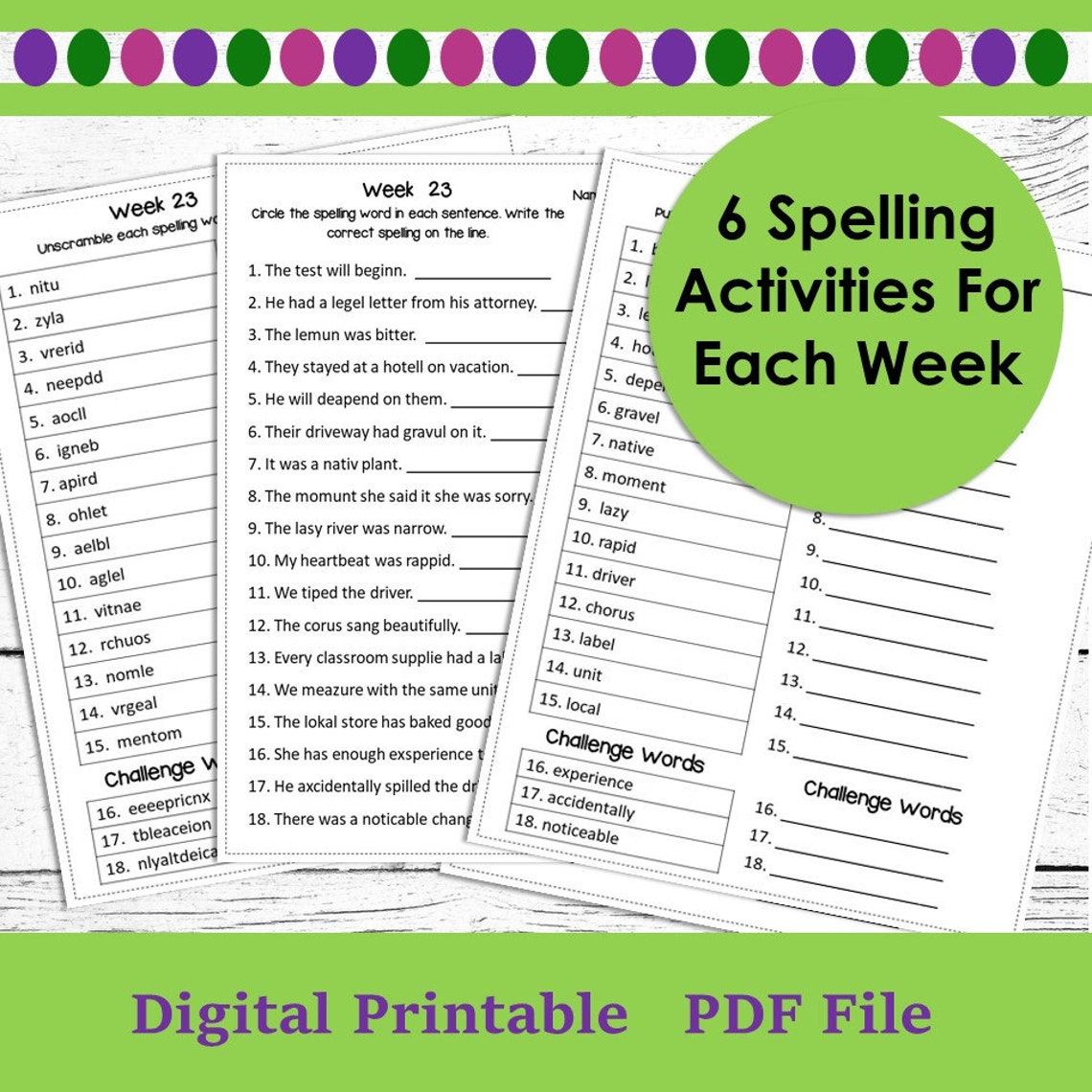 3rd Grade Spelling Worksheets/ 6 Weeks of Spelling Lists/ Spelling ...