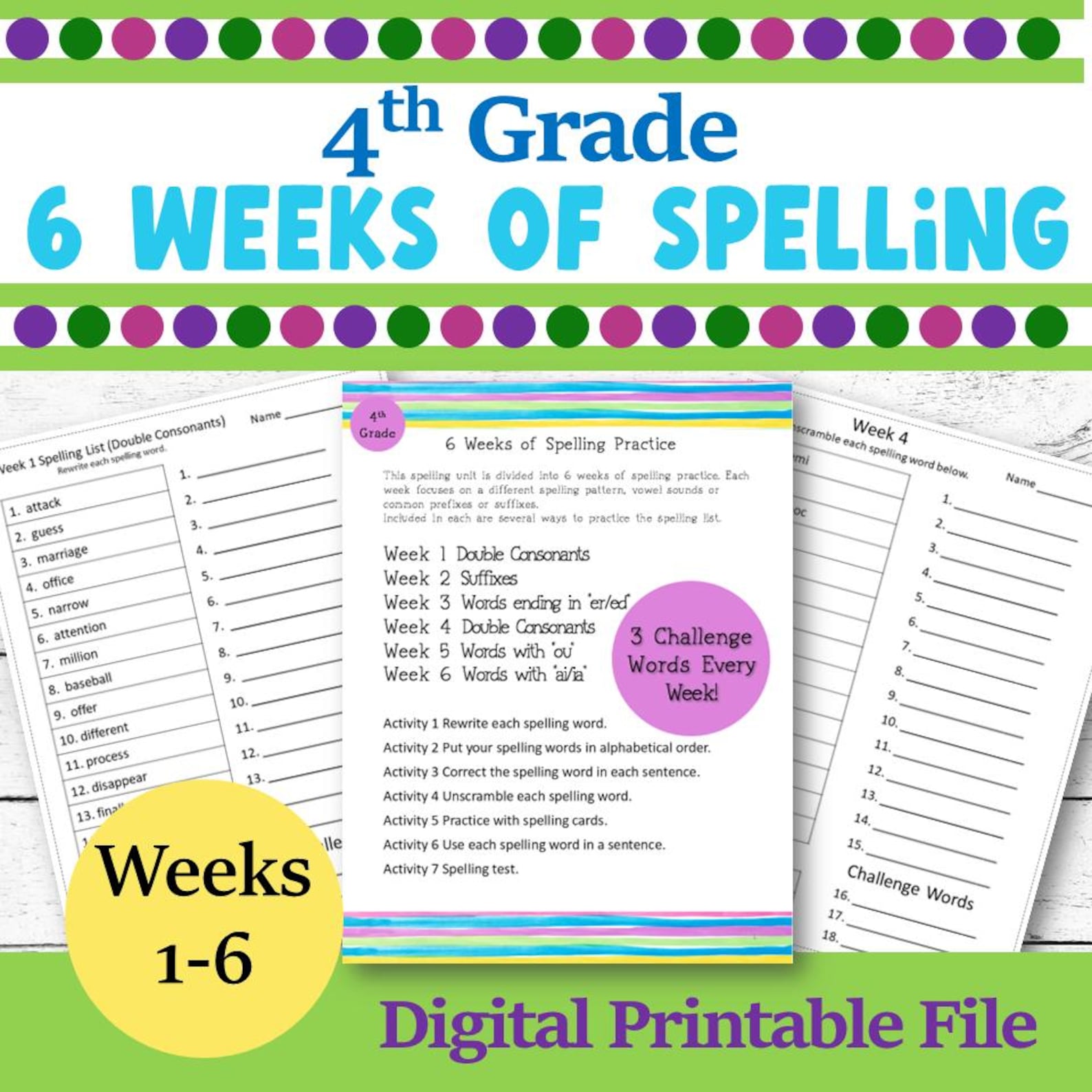 4th Grade Spelling Worksheets: 6 Weeks of Activities (digital Download ...