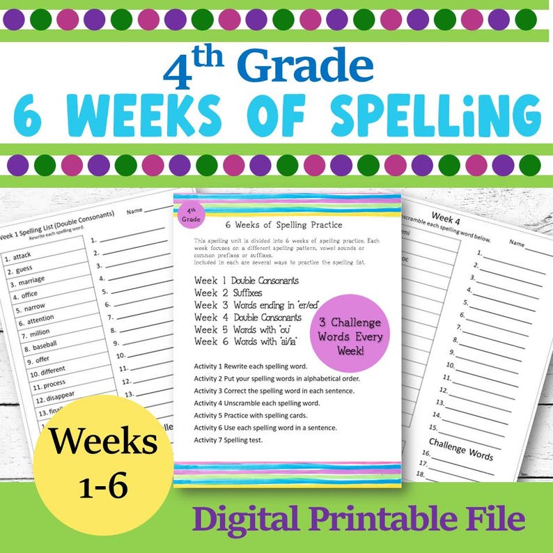4th Grade Spelling Worksheets/ 6 Weeks of Spelling Lists Activities ...