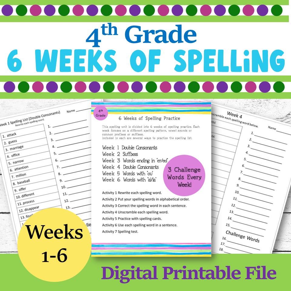 4th Grade Spelling Worksheets: 6 Weeks of Activities (digital Download ...