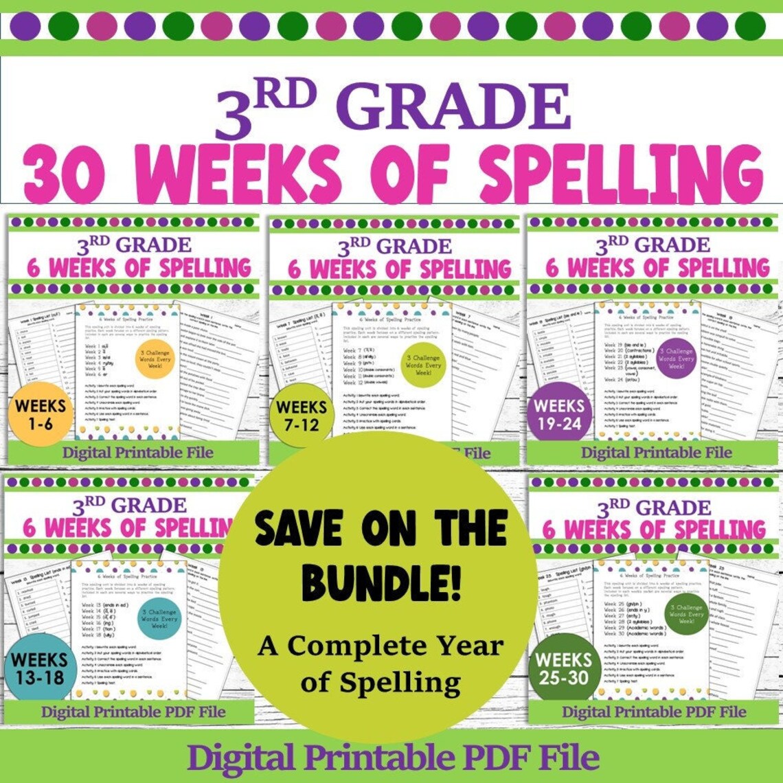 3rd Grade Spelling Worksheets/ 30 Weeks of Spelling Lists/ - Etsy