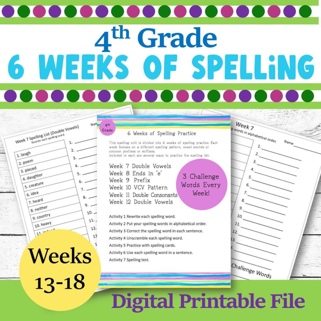 4th Grade Spelling Worksheets/ 6 Weeks of Spelling Lists Activities ...