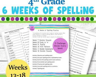 4th Grade Spelling Worksheets/ 6 Weeks of Spelling Lists Activities ...