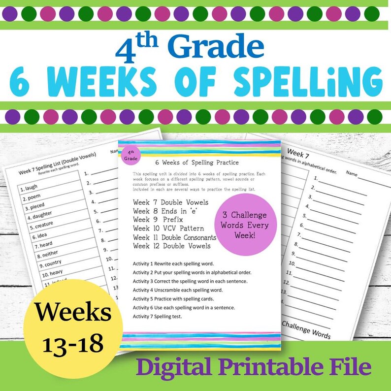 4th Grade Spelling Worksheets/ 6 Weeks of Spelling Lists Activities ...