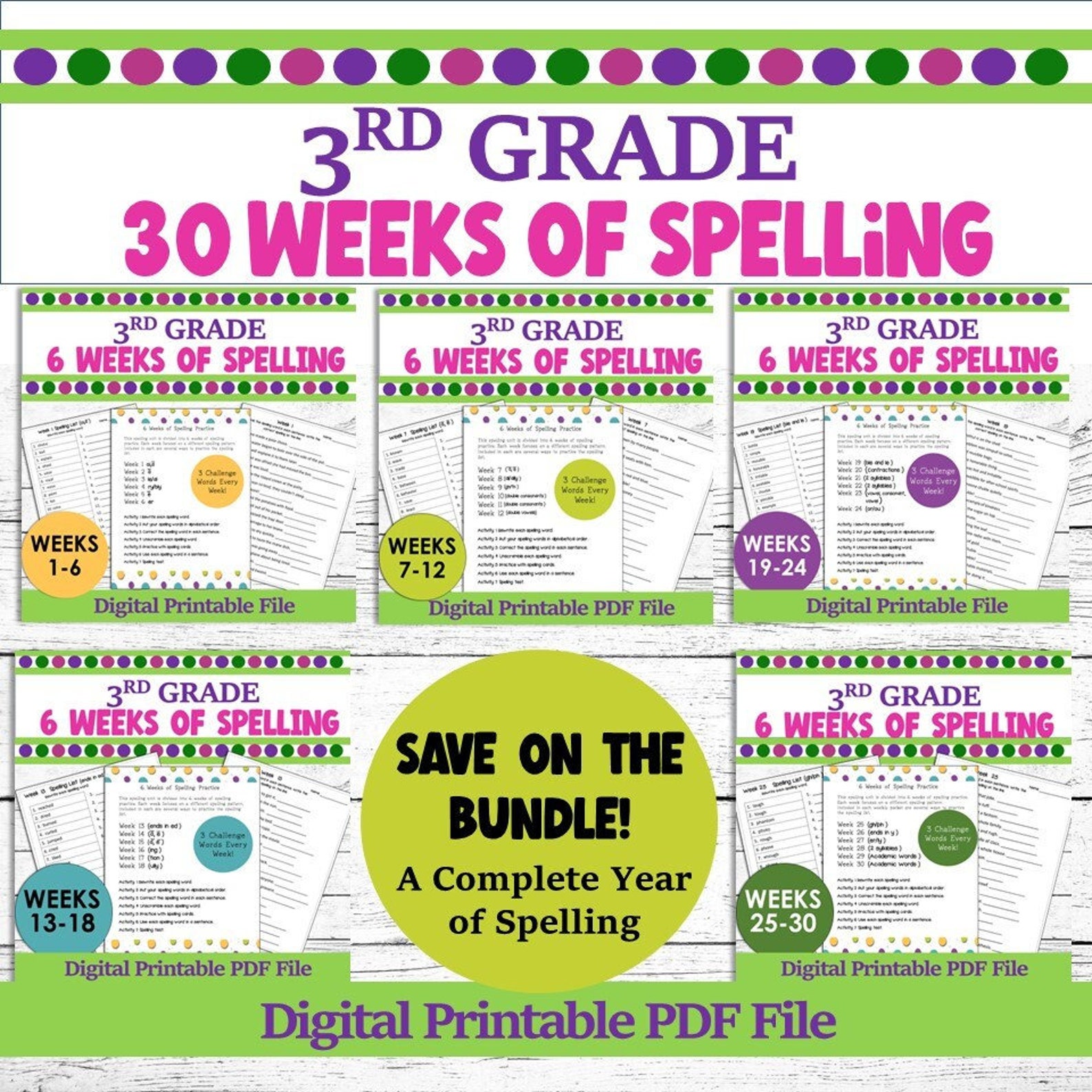 3rd Grade Spelling Worksheets/ 30 Weeks of Spelling Lists/ Spelling ...
