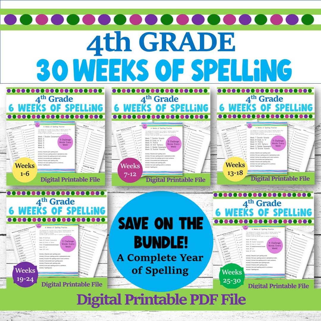 4th Grade Spelling Worksheets/ 30 Weeks of Spelling Lists/ Spelling ...