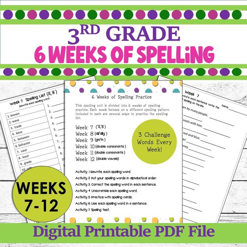 3rd Grade Spelling Worksheets/ 6 Weeks of Spelling Lists Activities ...