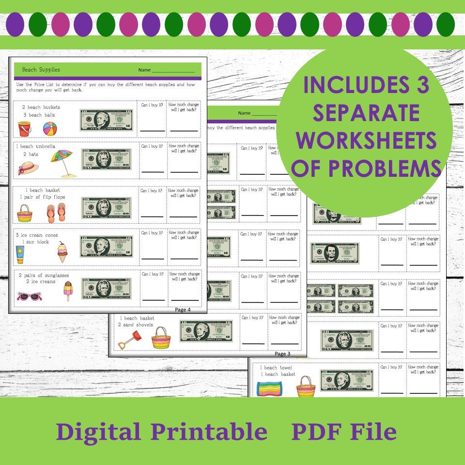 Beach Shopping Math Worksheets: Adding, Subtracting Money (digital ...