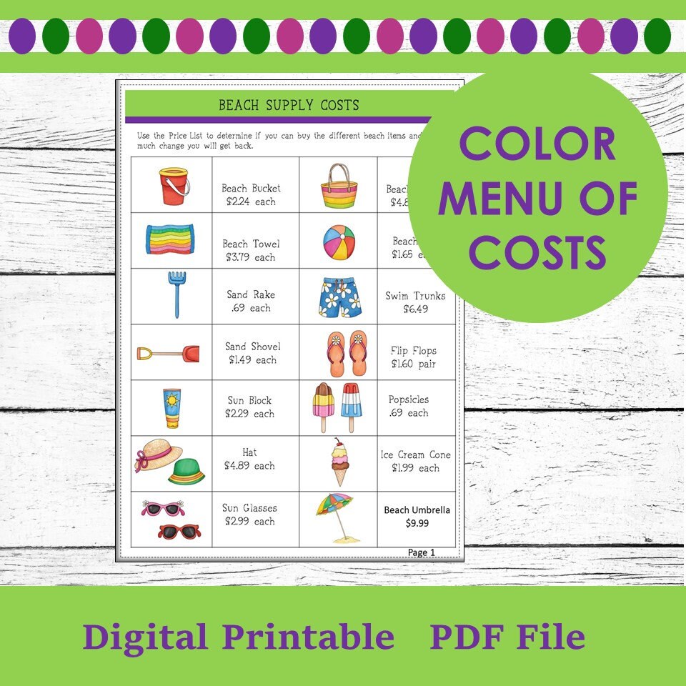 Beach Shopping Math Worksheets: Adding, Subtracting Money (digital ...