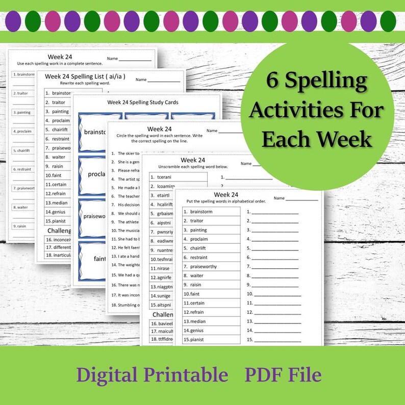 4th Grade Spelling Worksheets: Weeks 19-24 (digital Download) - Etsy