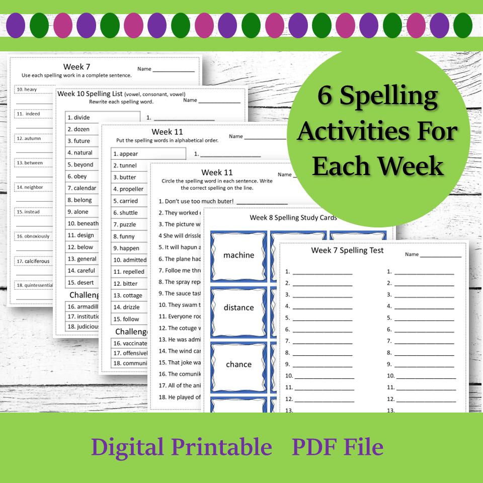 4th Grade Spelling Worksheets/ 6 Weeks of Spelling Lists Activities ...