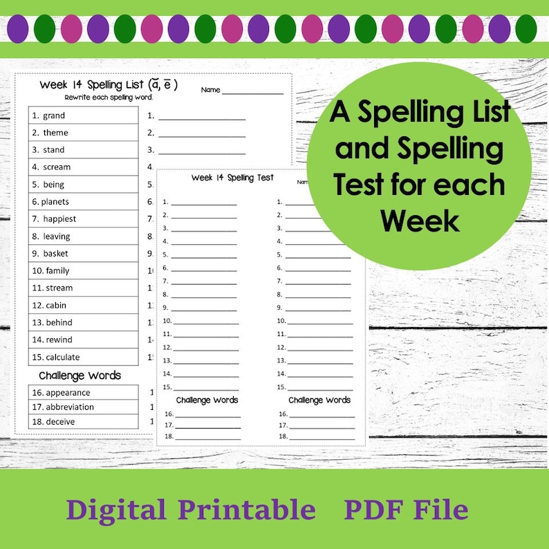 3rd Grade Spelling Worksheets/ 30 Weeks of Spelling Lists/one Year of ...