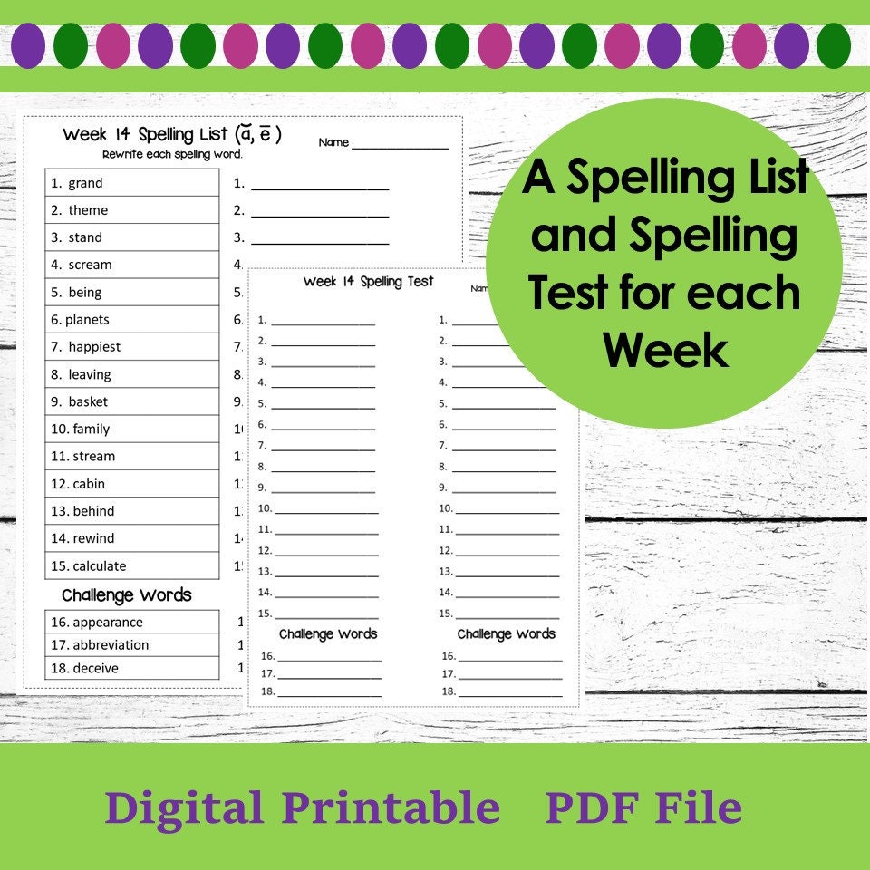 3rd Grade Spelling Worksheets/ 30 Weeks of Spelling Lists/one Year of ...